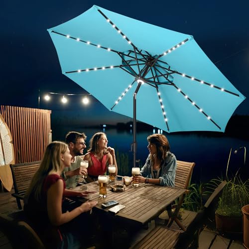 FLAME&SHADE 9 ft Double Top Solar Powered Outdoor Market Patio Table Umbrella with LED Lights and Tilt, Aqua Blue