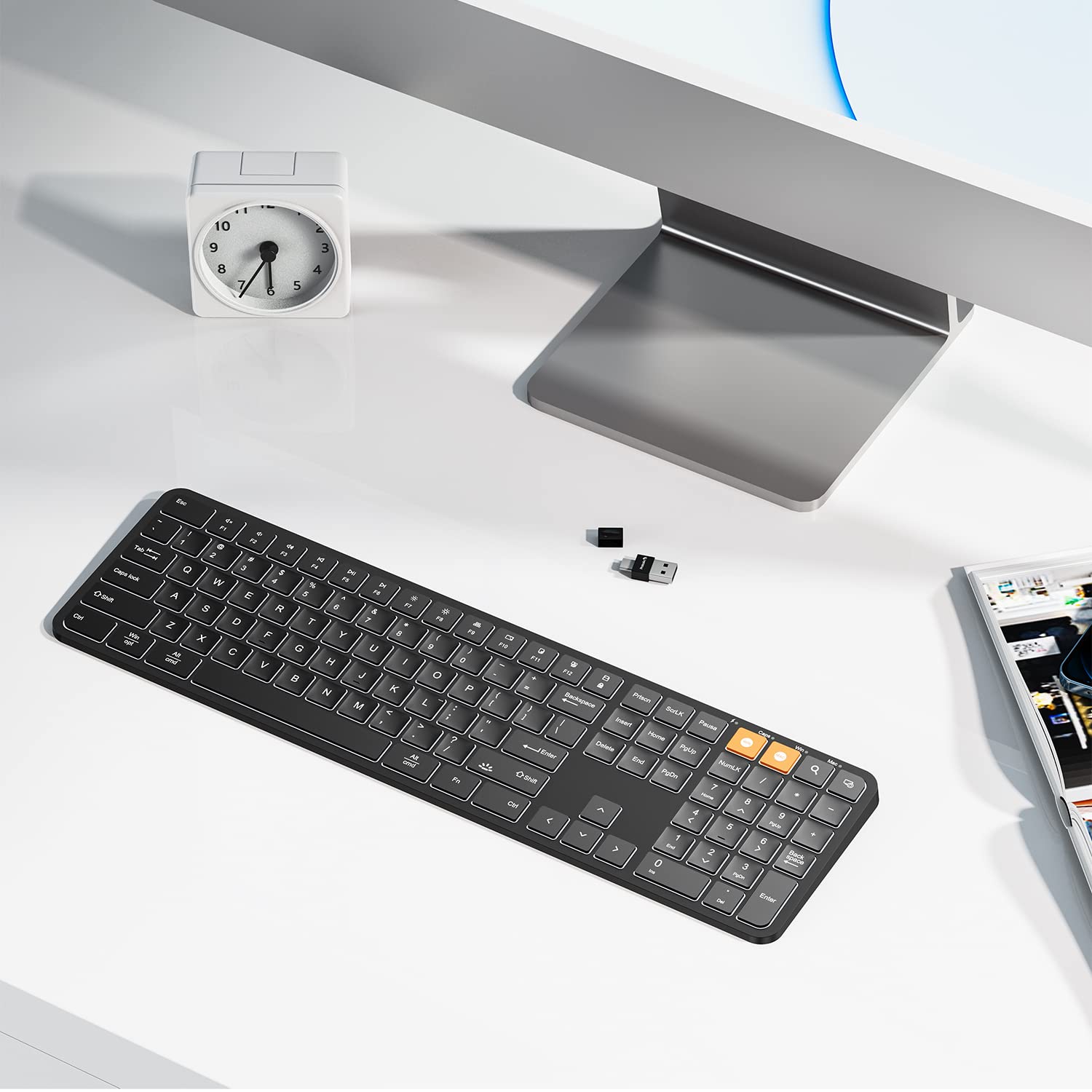 ProtoArc Backlit Wireless Keyboard, K100 2.4G Ultra Slim Wireless Illuminated Keyboard Full Size Silent Keyboard, Rechargeable, USB/Type C Connection, Natural Typing, Windows/Mac(Black)