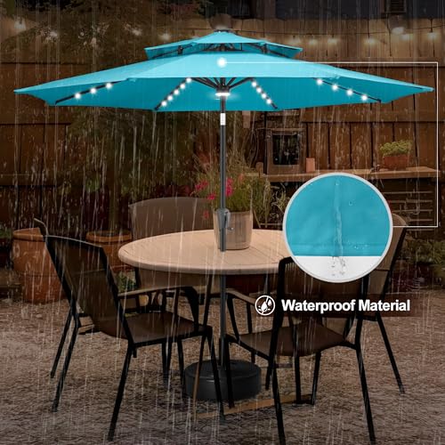 FLAME&SHADE 9 ft Double Top Solar Powered Outdoor Market Patio Table Umbrella with LED Lights and Tilt, Aqua Blue