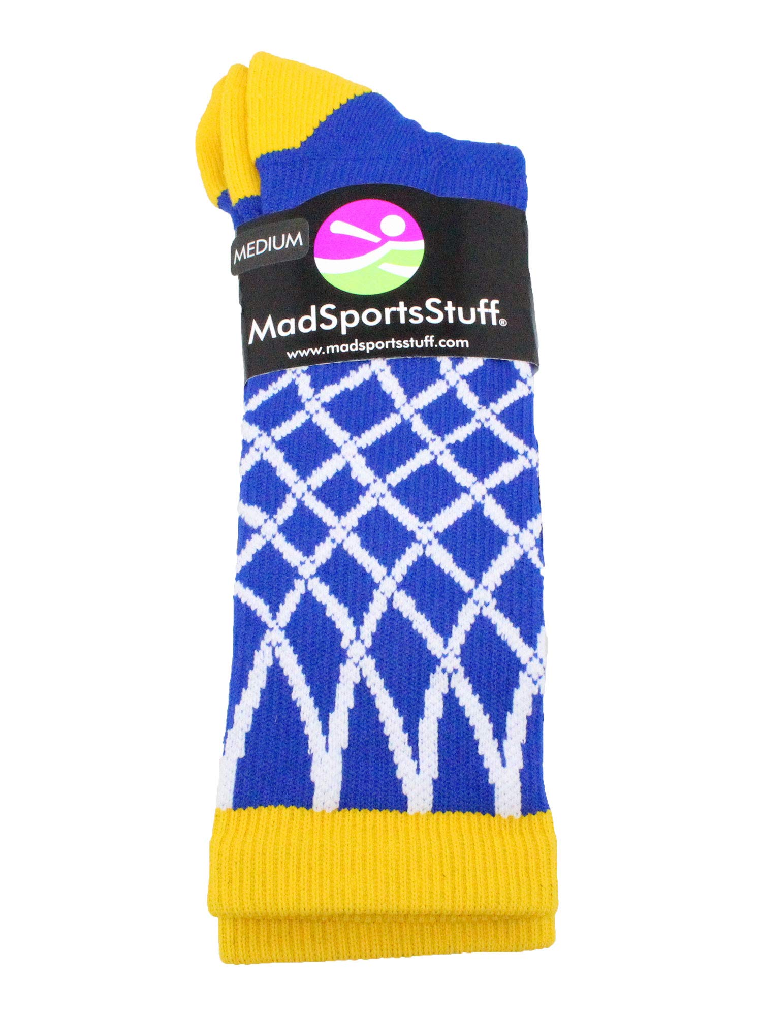 MadSportsStuff Crew Length Elite Basketball Socks with Net (Royal/Gold, Medium)