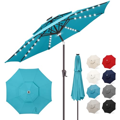 FLAME&SHADE 9 ft Double Top Solar Powered Outdoor Market Patio Table Umbrella with LED Lights and Tilt, Aqua Blue
