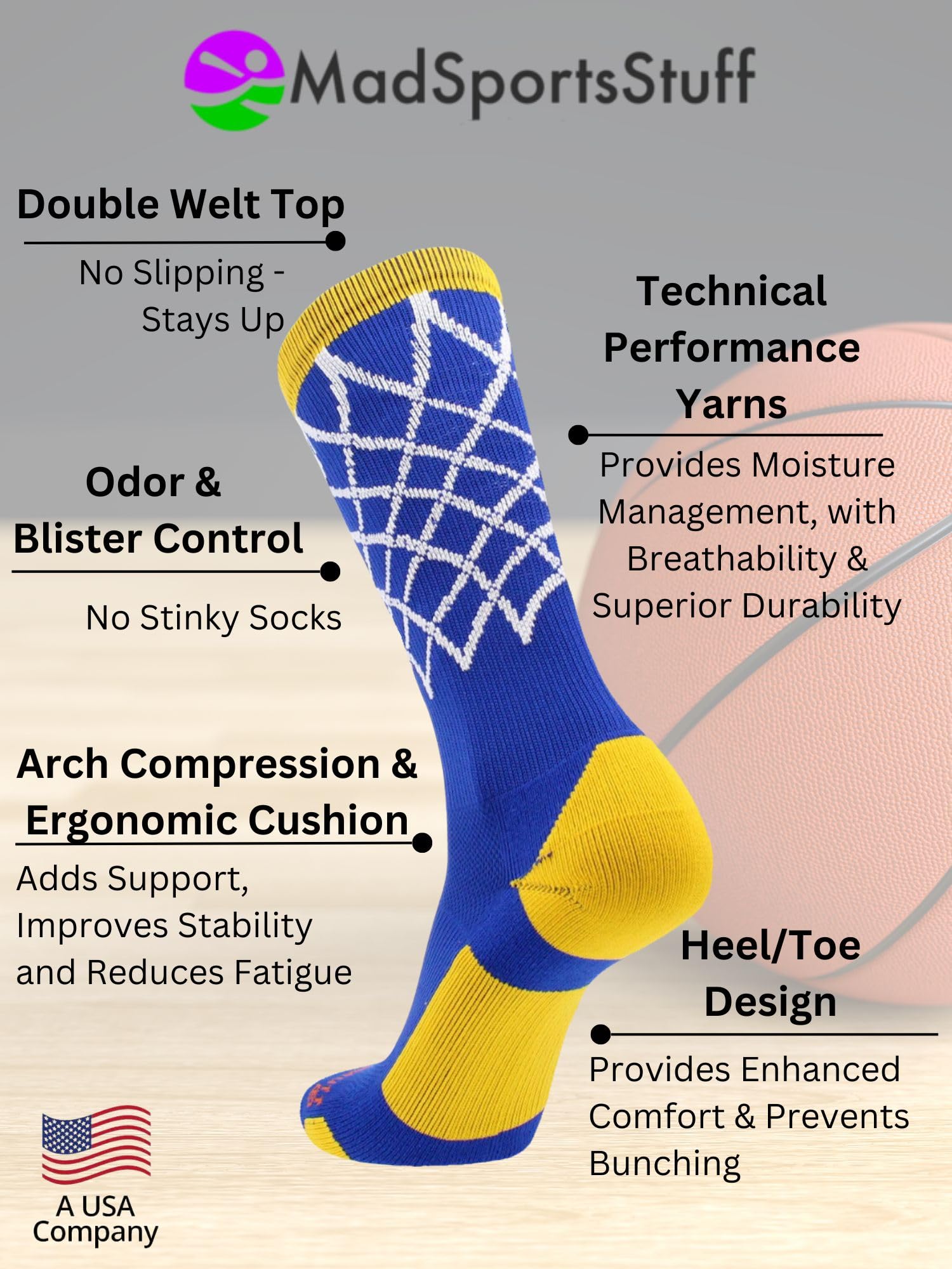 MadSportsStuff Crew Length Elite Basketball Socks with Net (Royal/Gold, Medium)