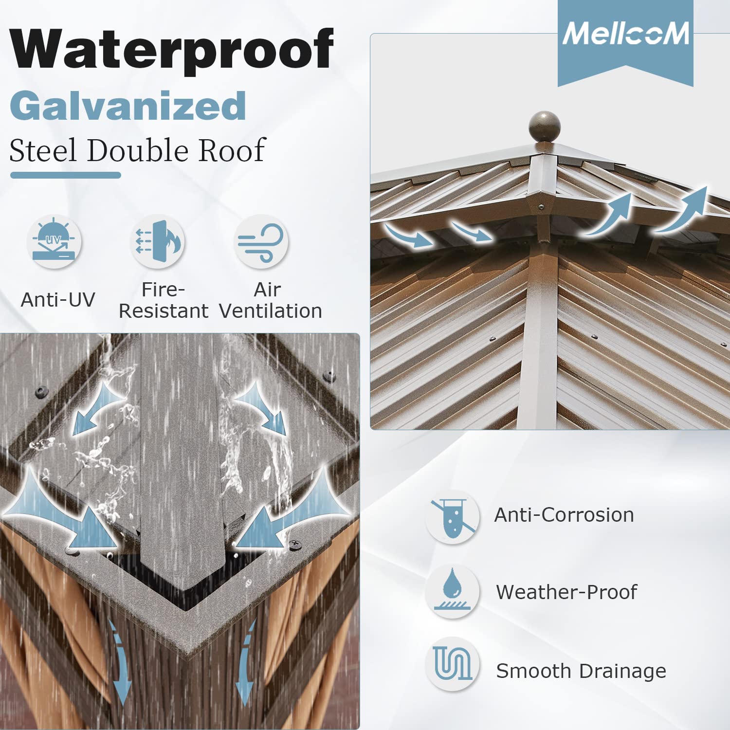 MELLCOM 12'x16' Hardtop Gazebo, Galvanized Steel Metal Double Roof Canopy with Curtains and Netting, Brown Permanent Pavilion Gazebos with Aluminum Frame for Patio, Lawn & Garden