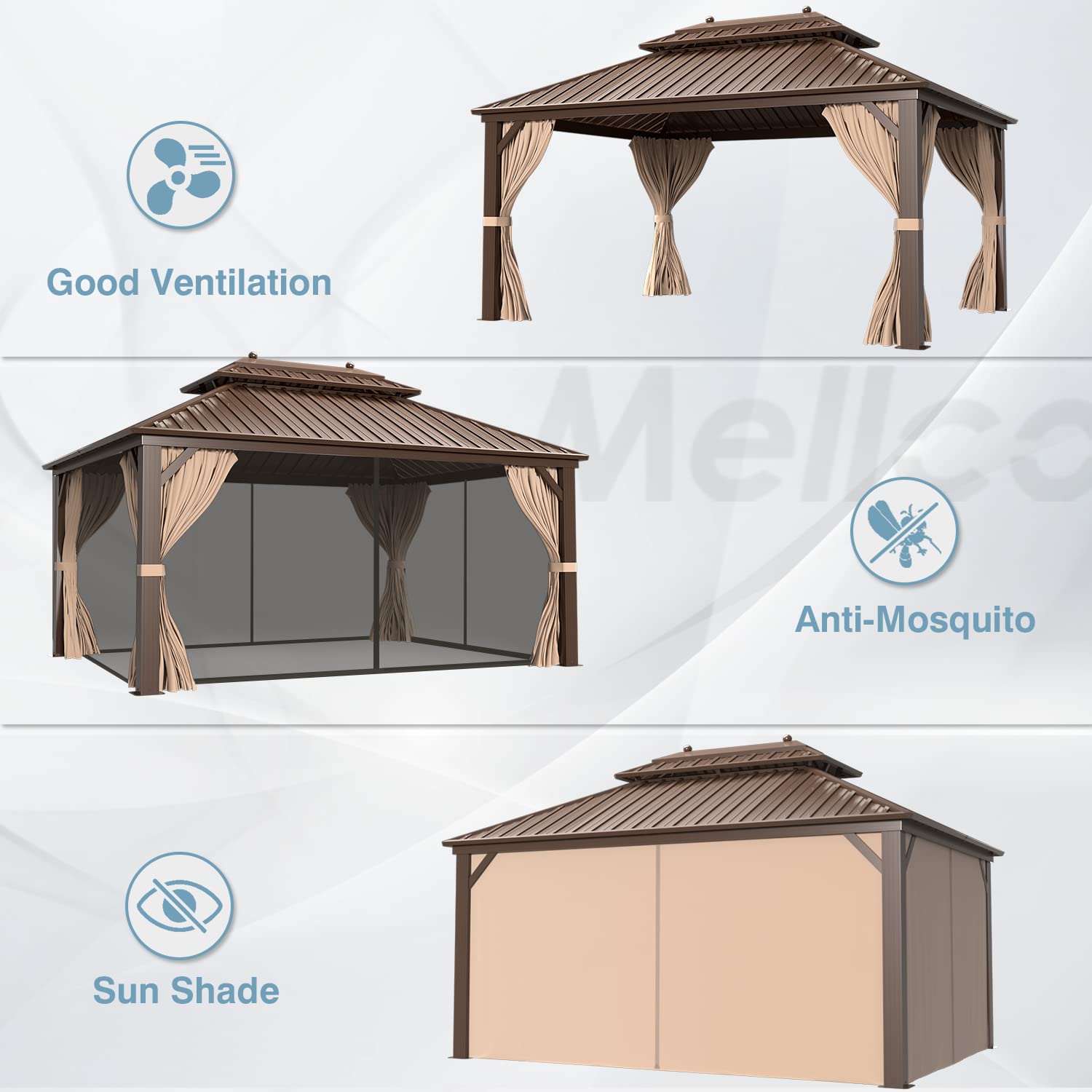 MELLCOM 12'x16' Hardtop Gazebo, Galvanized Steel Metal Double Roof Canopy with Curtains and Netting, Brown Permanent Pavilion Gazebos with Aluminum Frame for Patio, Lawn & Garden
