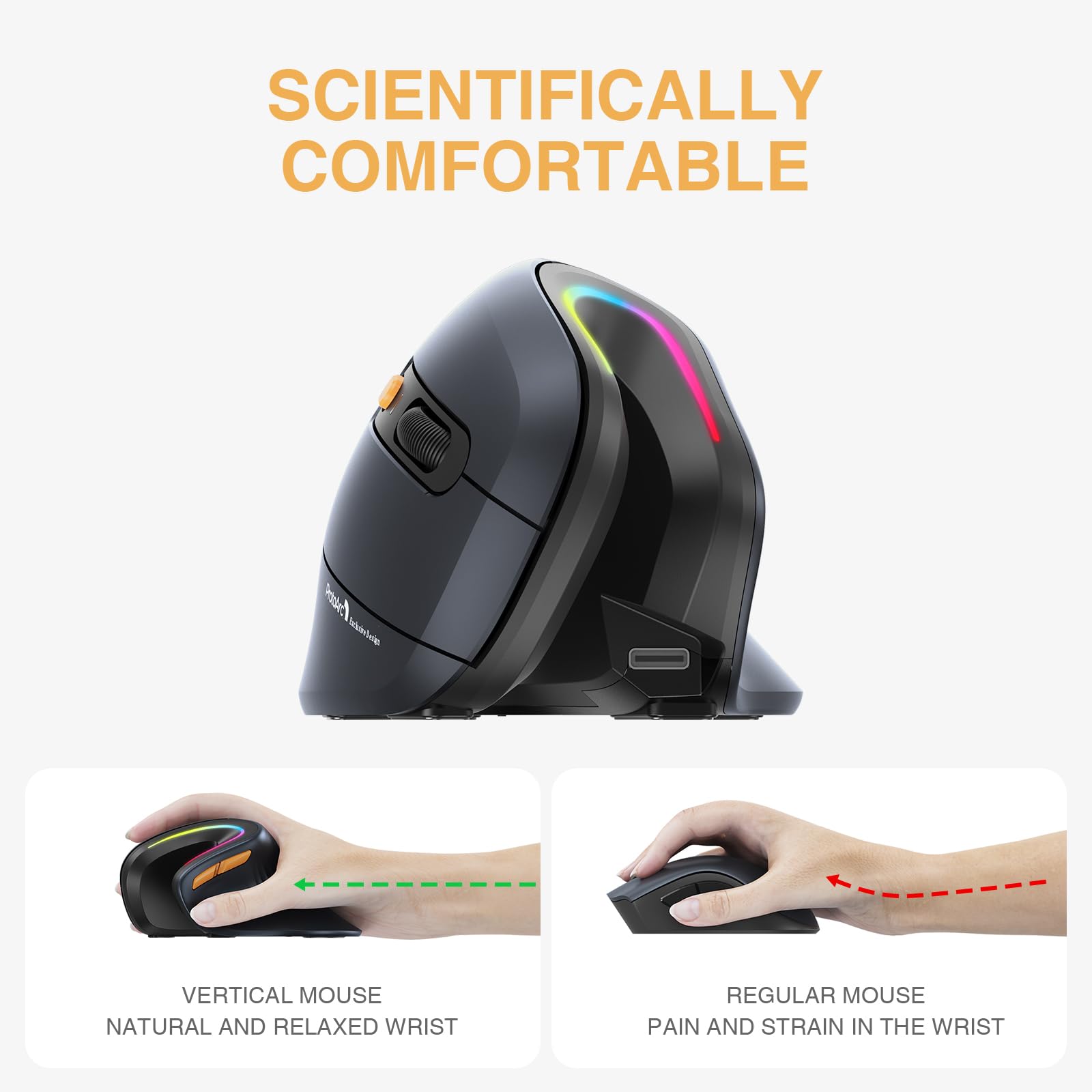 ProtoArc Ergonomic Mouse Wireless, EM11 Bluetooth Vertical Ergo Mouse, Rechargeable, 2.4G RGB Optical Vertical Mice with 3-Device Connection for PC, iPad, Mac, Windows (Black Gray)