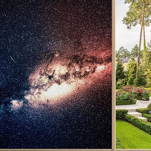 IOACIY Privacy Window Film Frosted Glass Sticker for Home Office Static Anti-UV Window Paper Decorative Window Covering for Bathroom (Universe Outer Space Starry Sky Red Blue-71, 17.7" x 23.6")