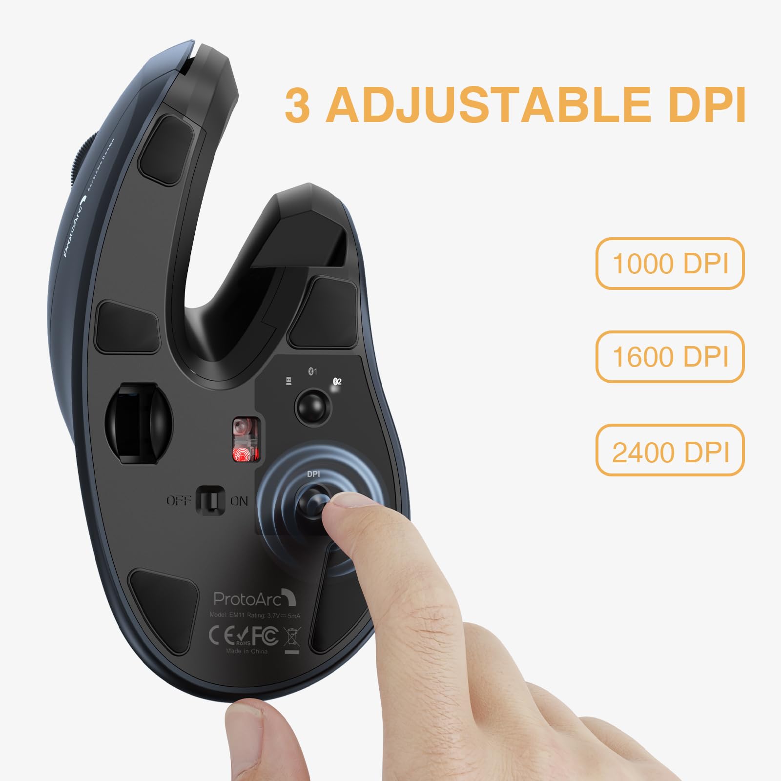 ProtoArc Ergonomic Mouse Wireless, EM11 Bluetooth Vertical Ergo Mouse, Rechargeable, 2.4G RGB Optical Vertical Mice with 3-Device Connection for PC, iPad, Mac, Windows (Black Gray)