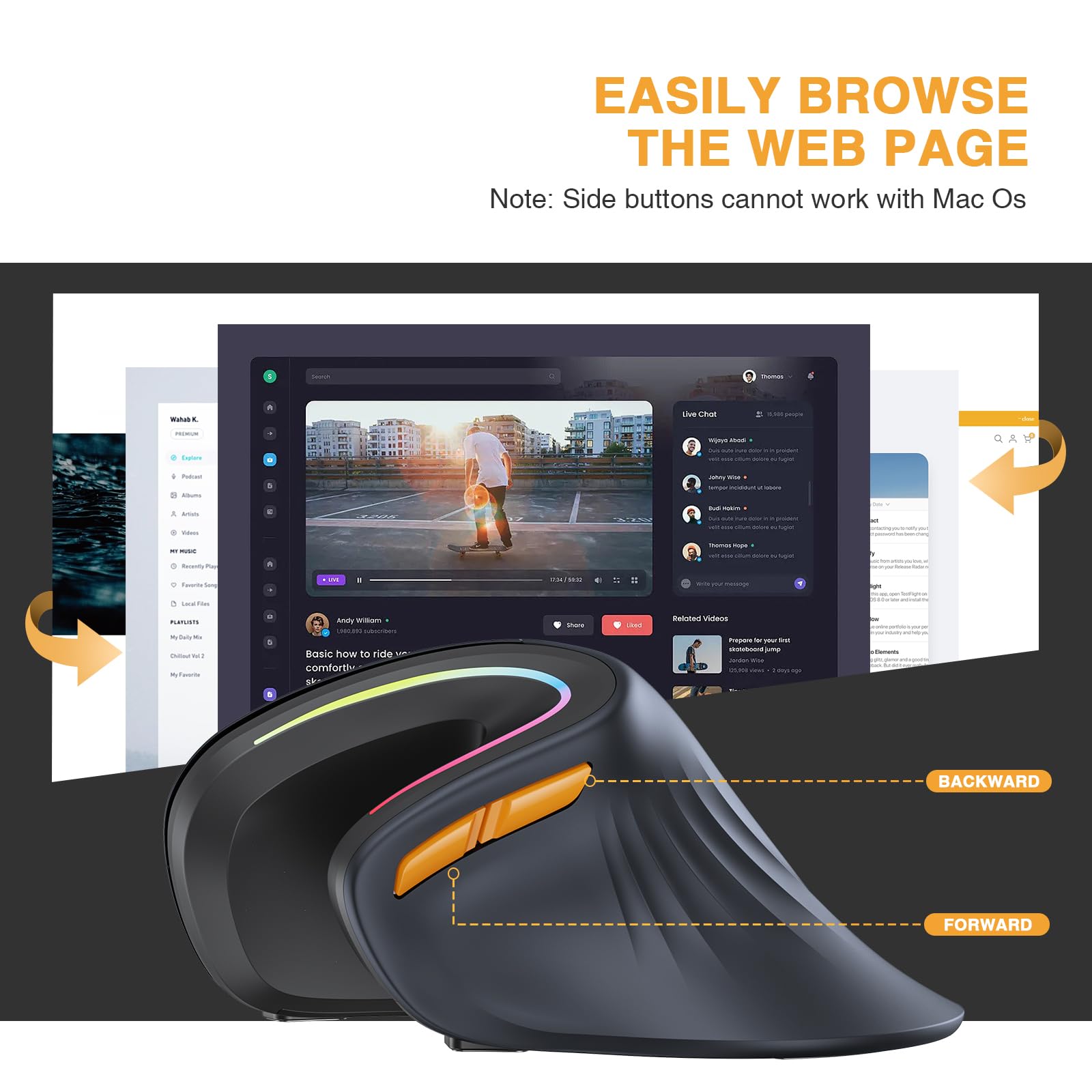 ProtoArc Ergonomic Mouse Wireless, EM11 Bluetooth Vertical Ergo Mouse, Rechargeable, 2.4G RGB Optical Vertical Mice with 3-Device Connection for PC, iPad, Mac, Windows (Black Gray)