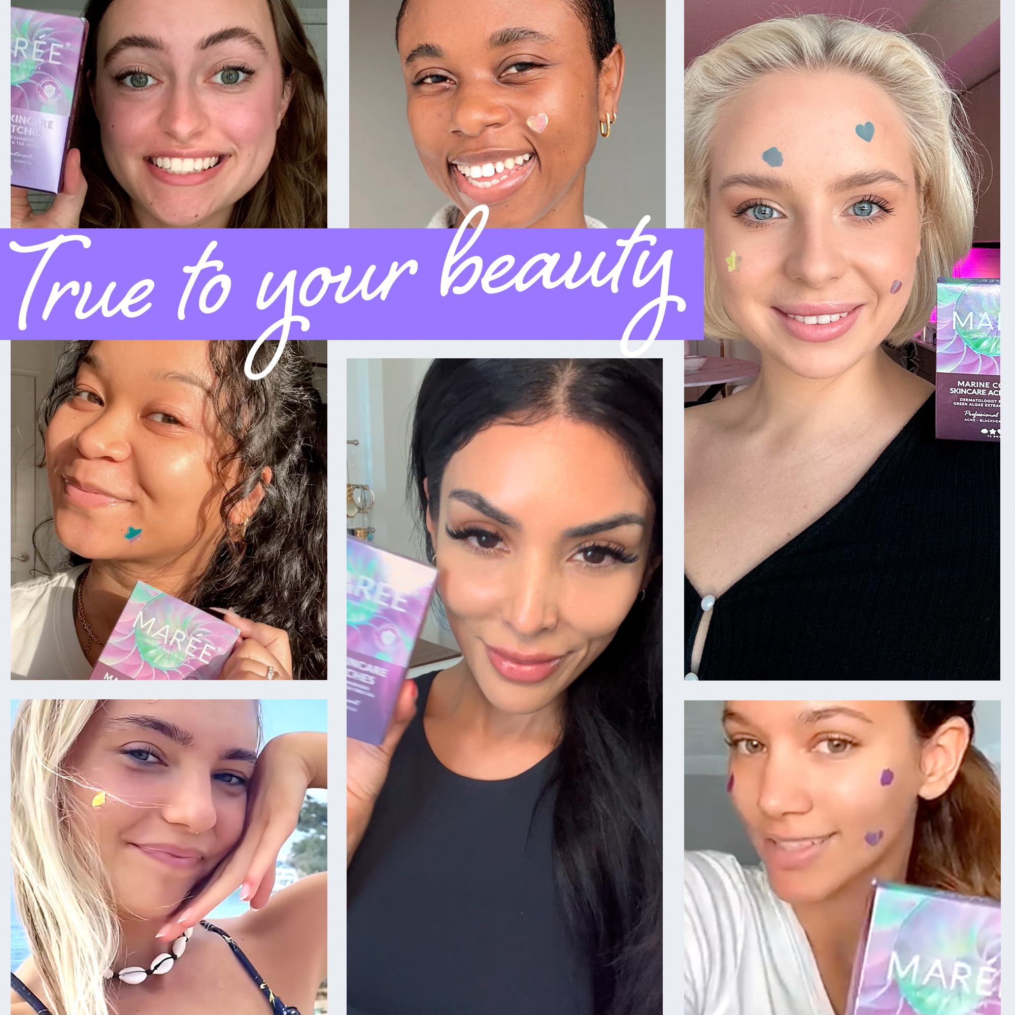 MAREE Star Pimple Patches for Face - Acne Patches - Natural Green Algae Extract & Tea Tree Oil - Hydrocolloid Stars Cute Zit Stickers, Parches Para Acne - 72 Marine Collagen Blemish Pimple Dots