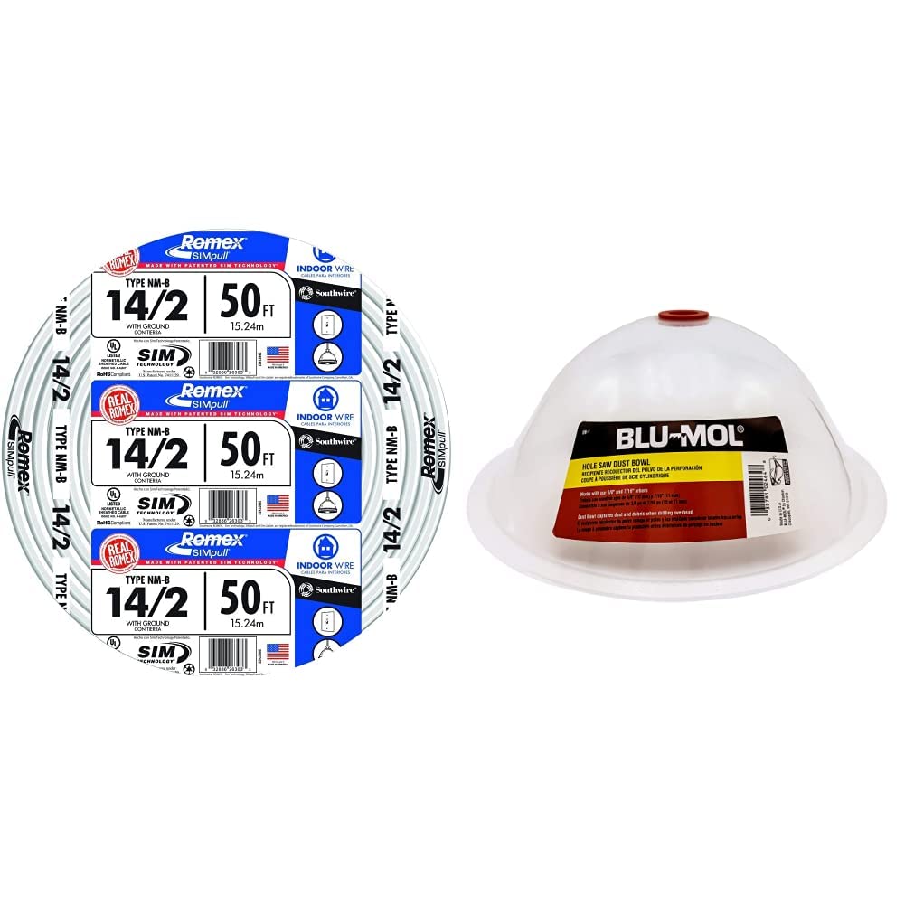 Southwire 28827422 50' 14/2, White & Disston E0215000 Blu-MOL RemGrit Hole Saw Accessories Dust Bowl, for Installing Recessed Lights and Works with All Hole Saws
