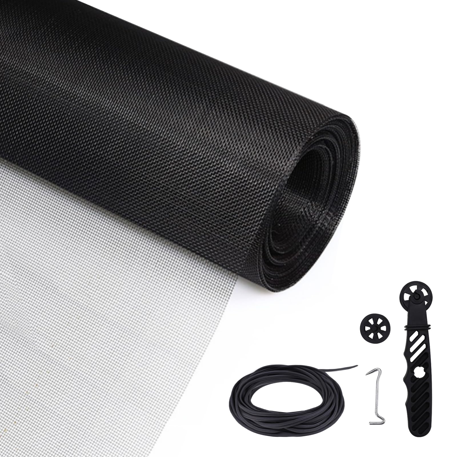 HTVRONT Window Screen Replacement and Screen Repair Kit for Windows or Doors, 48"*118" Window Screen Roll with Rolling Tool/Hook/Spline, Screen Door Repair Kit-Black