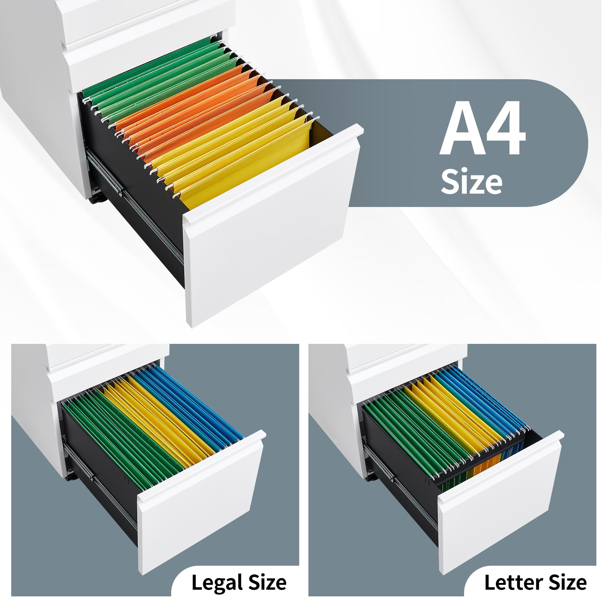 Approgreent Mobile File Cabinet for Home Office, Lockable 3 Drawer Filing Cabinet with Wheels for A4-Size/Letter-Size/Legal-Size, Fully Assembled Except Casters, White
