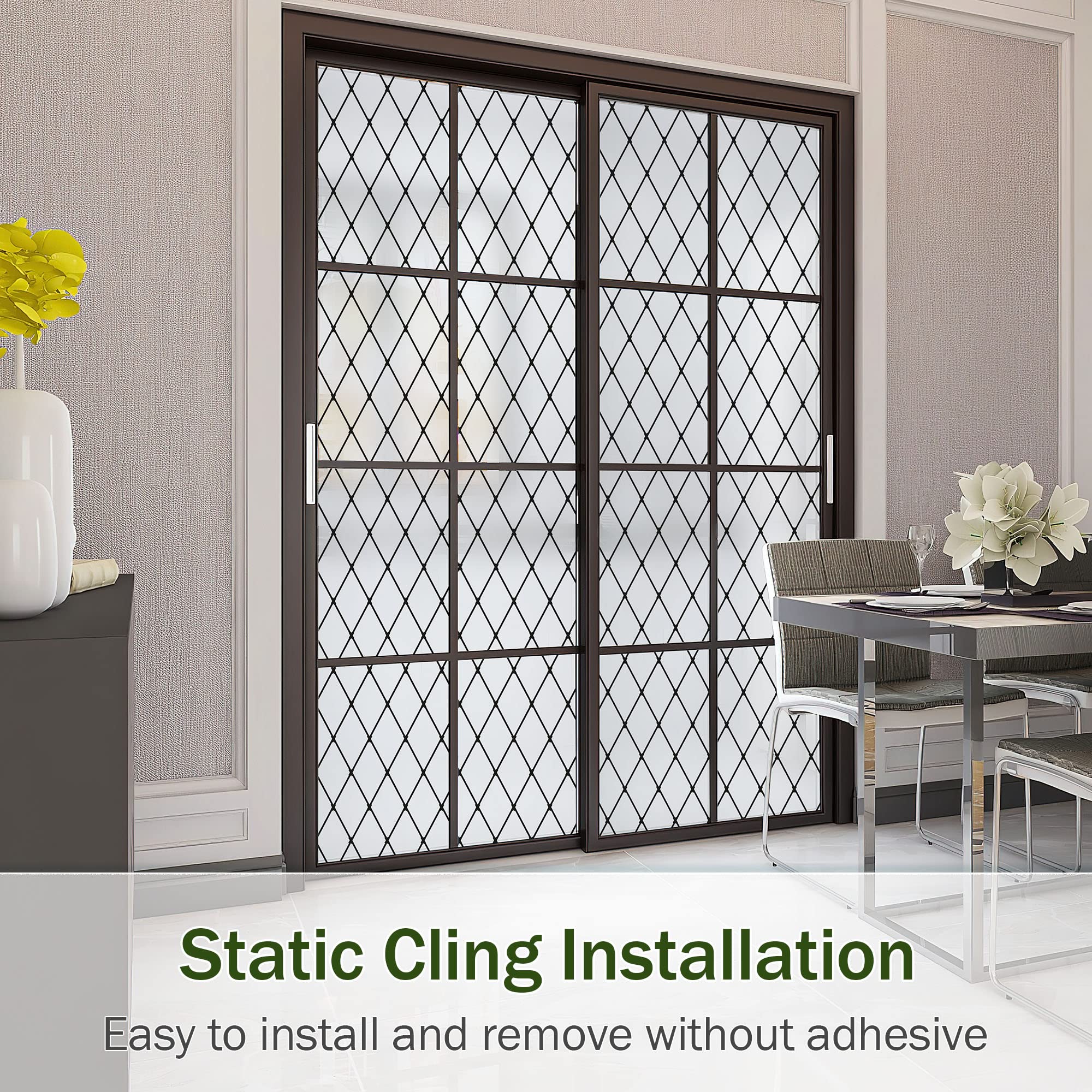 VELIMAX Frosted Black Lattice Window Film Static Cling Window Privacy Films Decorative Glass Vinyl Film for Windows Removable Sun Blocking Anti-UV 17.7x78.7 inches