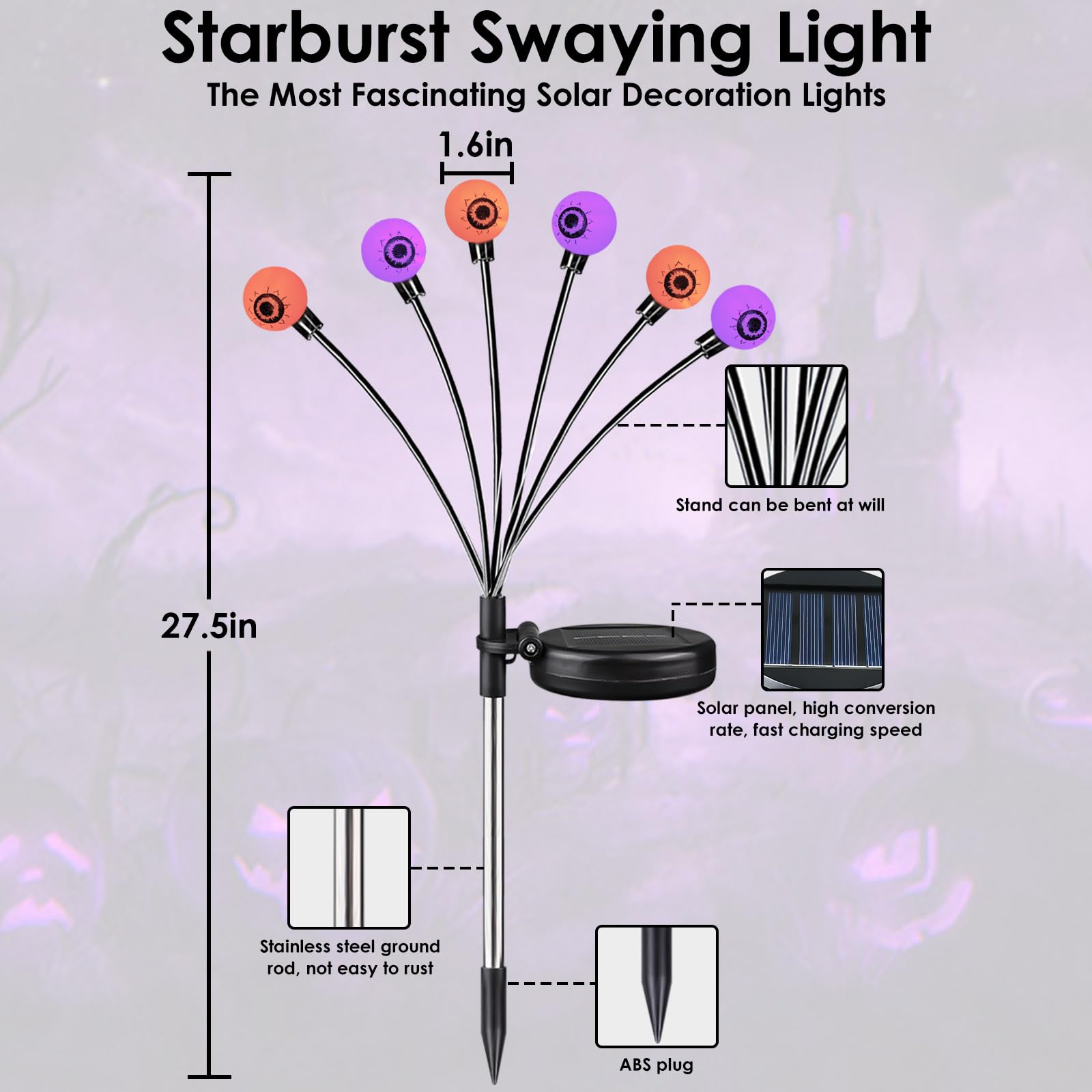6 ๐๐๐๐ ๐๐ช๐ต๐ต๐ธ๐๐ฎ๐ฎ๐ท Halloween Scary Solar Eyeballs Garden Lights, 6 Pack Halloween Lights Outside, Solar Firefly Lights Outdoor๏ผSolar Swaying Lights for Garden Path Decor (Purple&Orange)