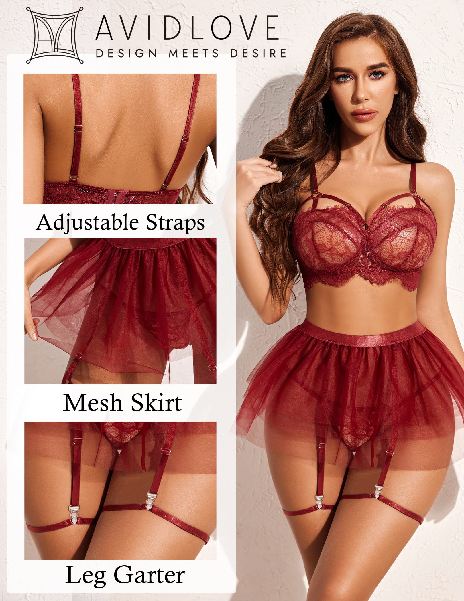 Avidlove Garter Lingerie for Women Lace Nightgowns with Tutu Skirts (Wine Red, Medium)