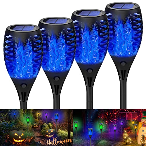 Solar Tiki Torches Christmas Lights with Flickering Flame Outdoor Halloween Decoration Torch Light Waterproof Landscape Decor Mini 4 Pack Lamp for Yard, Patio, Garden, Porch, Backyard