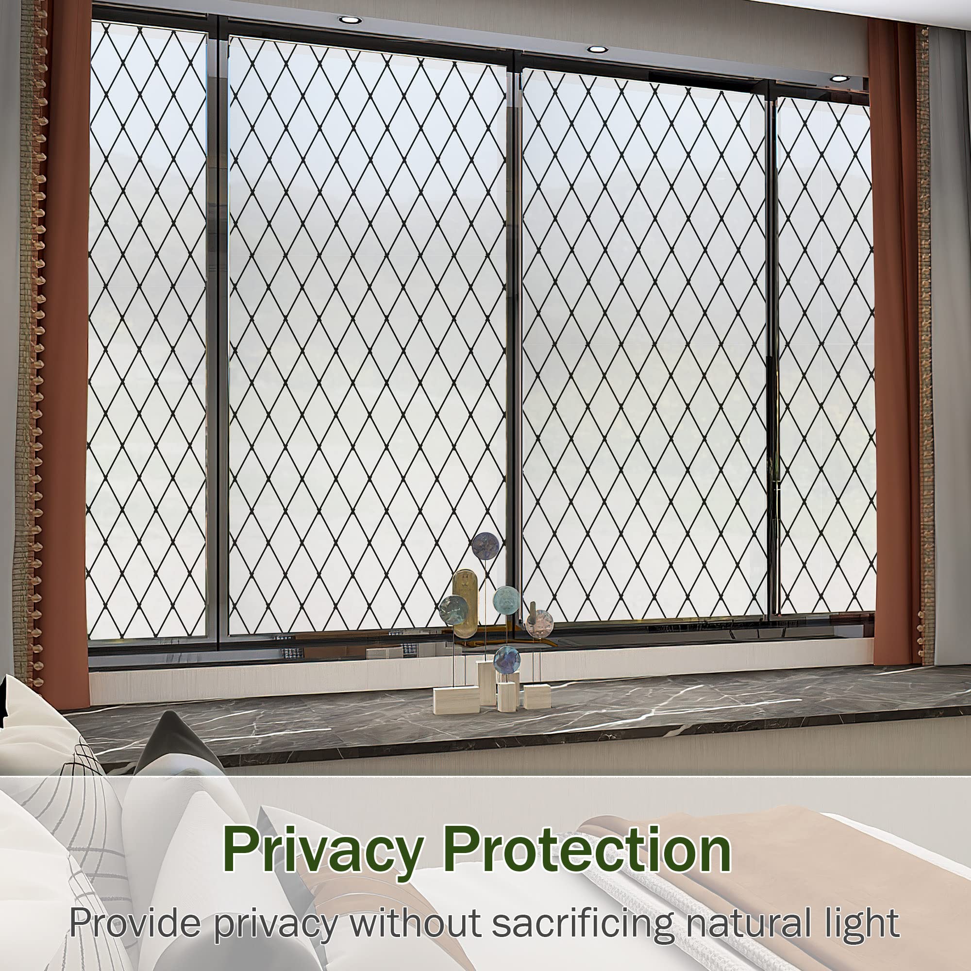 VELIMAX Frosted Black Lattice Window Film Static Cling Window Privacy Films Decorative Glass Vinyl Film for Windows Removable Sun Blocking Anti-UV 17.7x78.7 inches