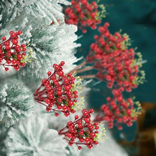 HEBE 12 Pack Christmas Flower Picks Artificial Red Berry Stems Fake Holly Berries Branches for Christmas Tree 0rnaments DIY Wreath Vase Holiday Home Xmas Decor