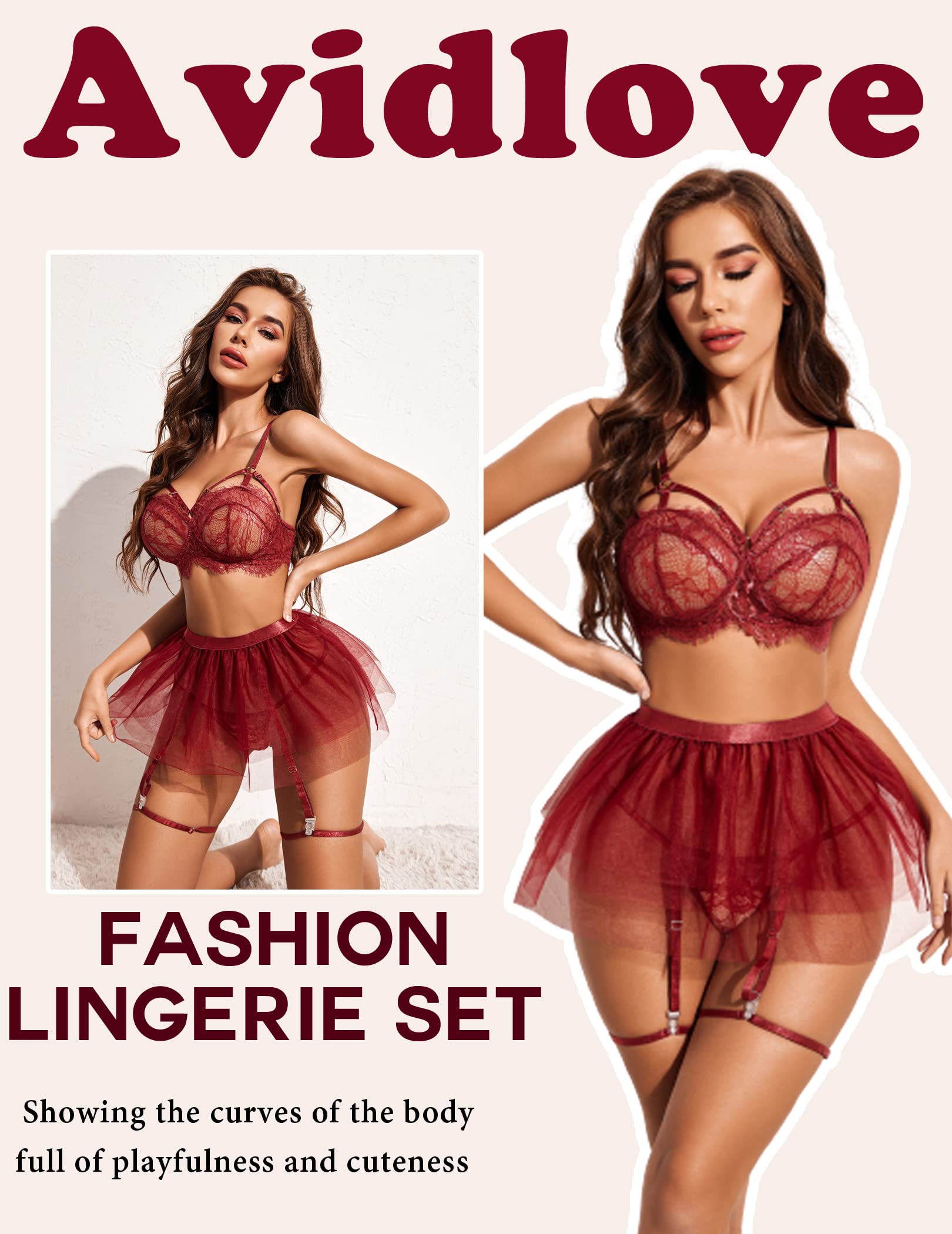 Avidlove Garter Lingerie for Women Lace Nightgowns with Tutu Skirts (Wine Red, Medium)