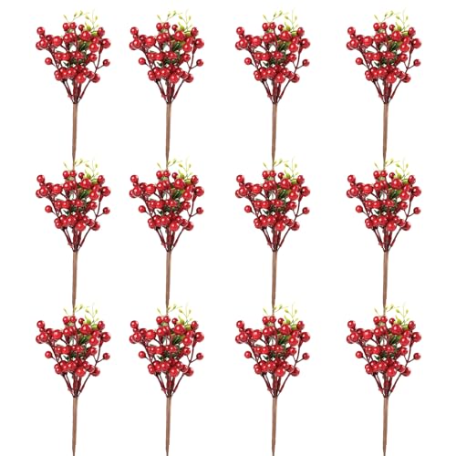 HEBE 12 Pack Christmas Flower Picks Artificial Red Berry Stems Fake Holly Berries Branches for Christmas Tree 0rnaments DIY Wreath Vase Holiday Home Xmas Decor