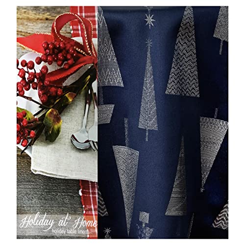 Newbridge Navy Blue and Silver Fancy Metallic Christmas Trees Fabric Holiday Tablecloth, Xmas Tree Contemporary Soil Resistant Easy Care Tablecloth, 60β x 84β Oblong/Rectangle Navy/Silver