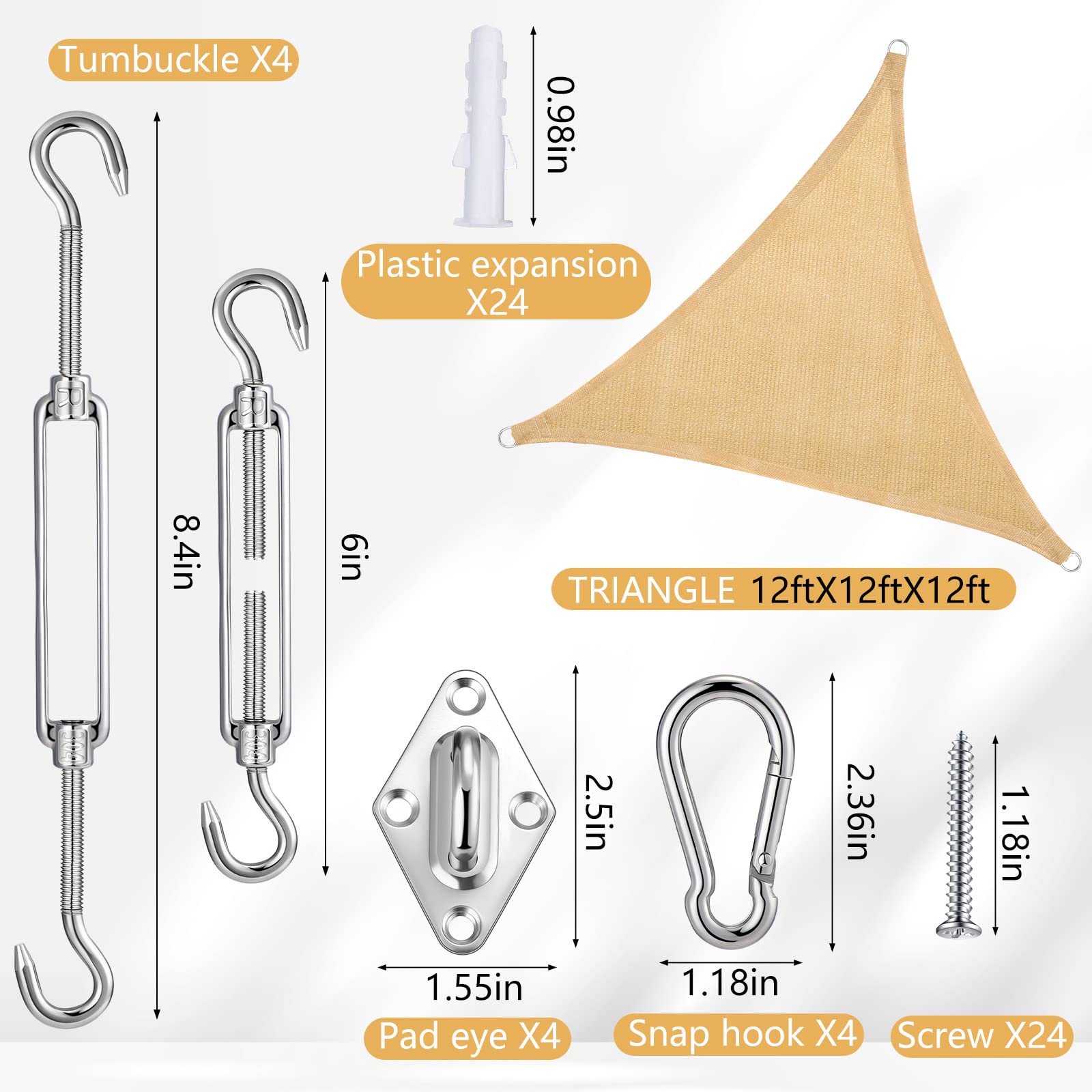 Amylove 12' x 12' x 12' Triangle Sun Shade Sail with 60 Pcs Stainless Shade Sail Hardware Kit Shade Canopy Water Permeable UV Block Cover for Outdoor Backyard