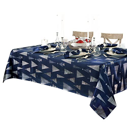 Newbridge Navy Blue and Silver Fancy Metallic Christmas Trees Fabric Holiday Tablecloth, Xmas Tree Contemporary Soil Resistant Easy Care Tablecloth, 60β x 84β Oblong/Rectangle Navy/Silver