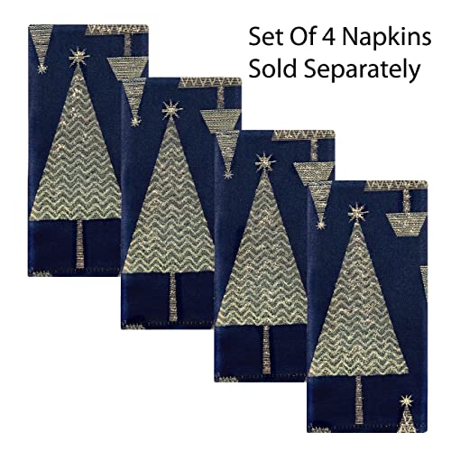 Newbridge Navy Blue and Silver Fancy Metallic Christmas Trees Fabric Holiday Tablecloth, Xmas Tree Contemporary Soil Resistant Easy Care Tablecloth, 60β x 84β Oblong/Rectangle Navy/Silver