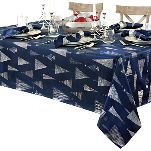 Newbridge Navy Blue and Silver Fancy Metallic Christmas Trees Fabric Holiday Tablecloth, Xmas Tree Contemporary Soil Resistant Easy Care Tablecloth, 60β x 84β Oblong/Rectangle Navy/Silver