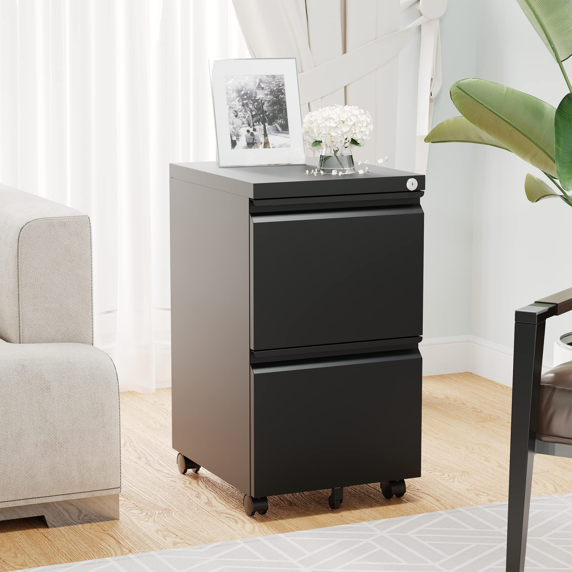 AFAIF 2 Drawer File Cabinet with Lock, Rolling File Cabinets for Home Office, Small Metal Filing Cabinet Office Drawers Under Desk for Letters/Legal/A4 Size, Assembly Required