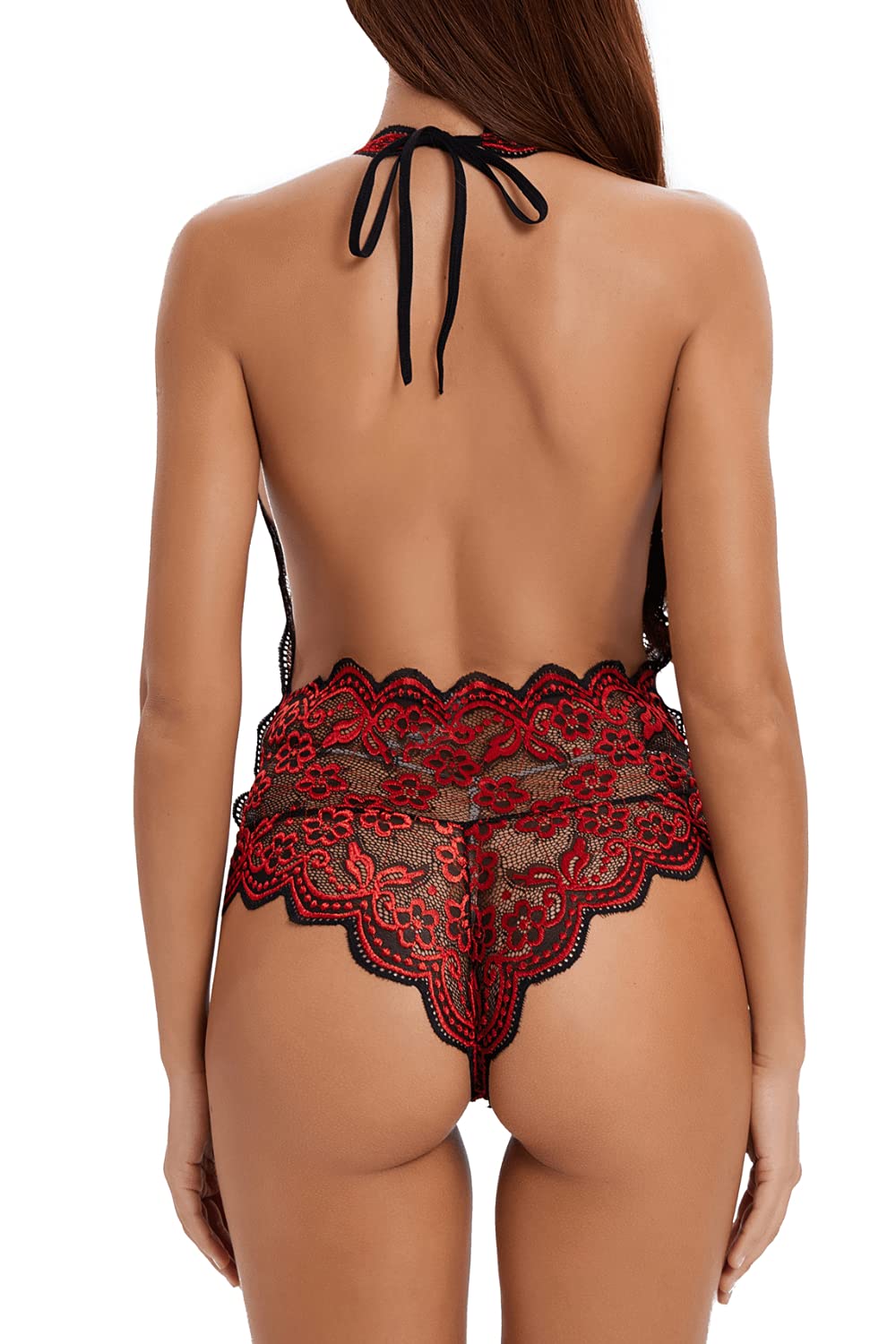 EVELUST Womens Open Back Halter Plunging Teddy,Comfortable Scalloped Trim Lace Lingerie (BlackRed,M,6004e)