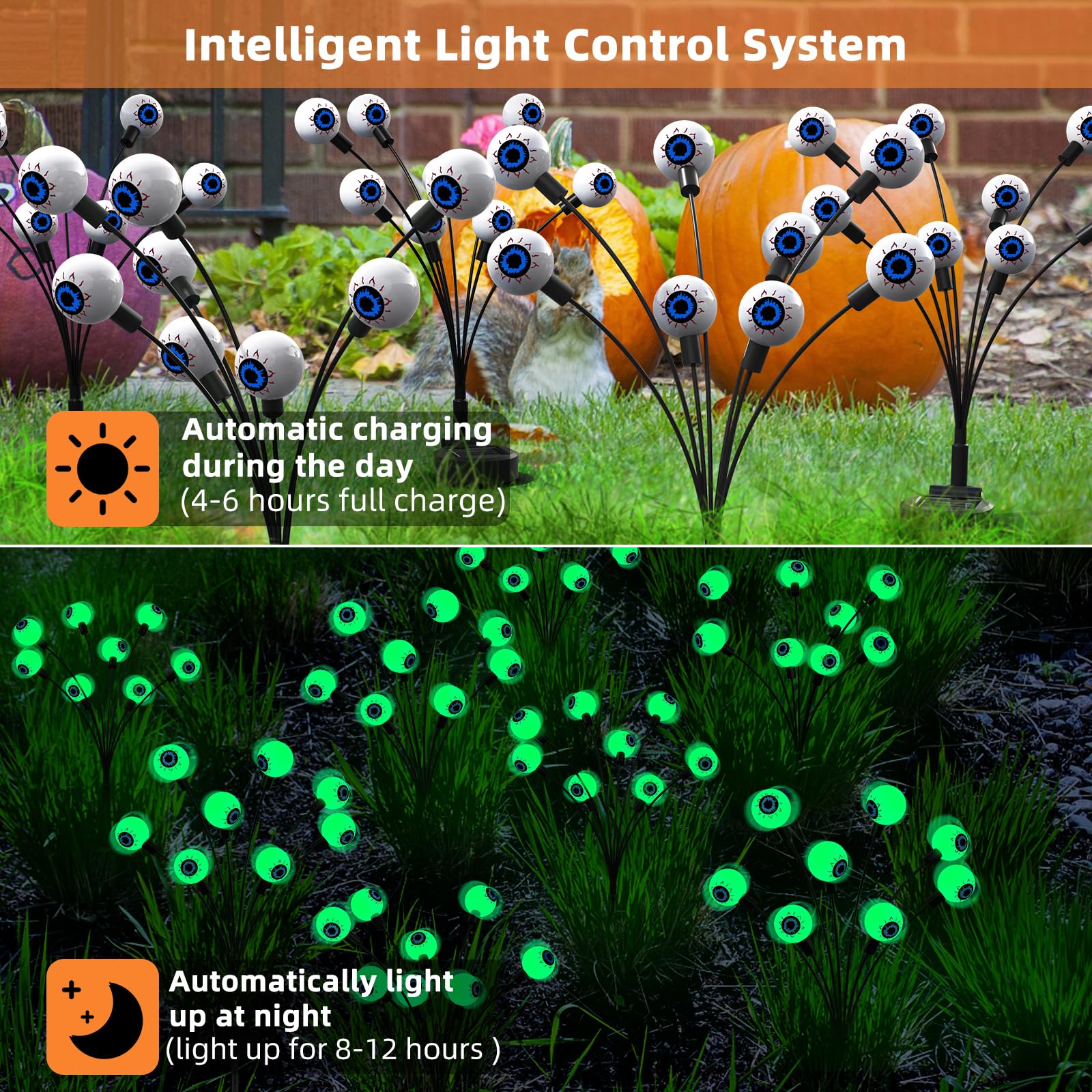 2PACKS 16LED Solar Scary Eyeball Lights Halloween Decor Outdoor, 28" Halloween Solar Powered Firefly Yard Lights Waterproof Outside Swaying Decorations for Garden/Lawn/Party, 2 Modes (Green)
