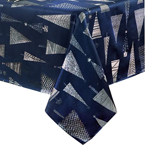 Newbridge Navy Blue and Silver Fancy Metallic Christmas Trees Fabric Holiday Tablecloth, Xmas Tree Contemporary Soil Resistant Easy Care Tablecloth, 60β x 84β Oblong/Rectangle Navy/Silver