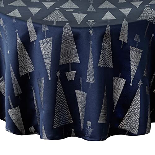 Newbridge Navy Blue and Silver Fancy Metallic Christmas Trees Fabric Holiday Tablecloth, Xmas Tree Contemporary Soil Resistant Easy Care Tablecloth, 60β x 84β Oblong/Rectangle Navy/Silver