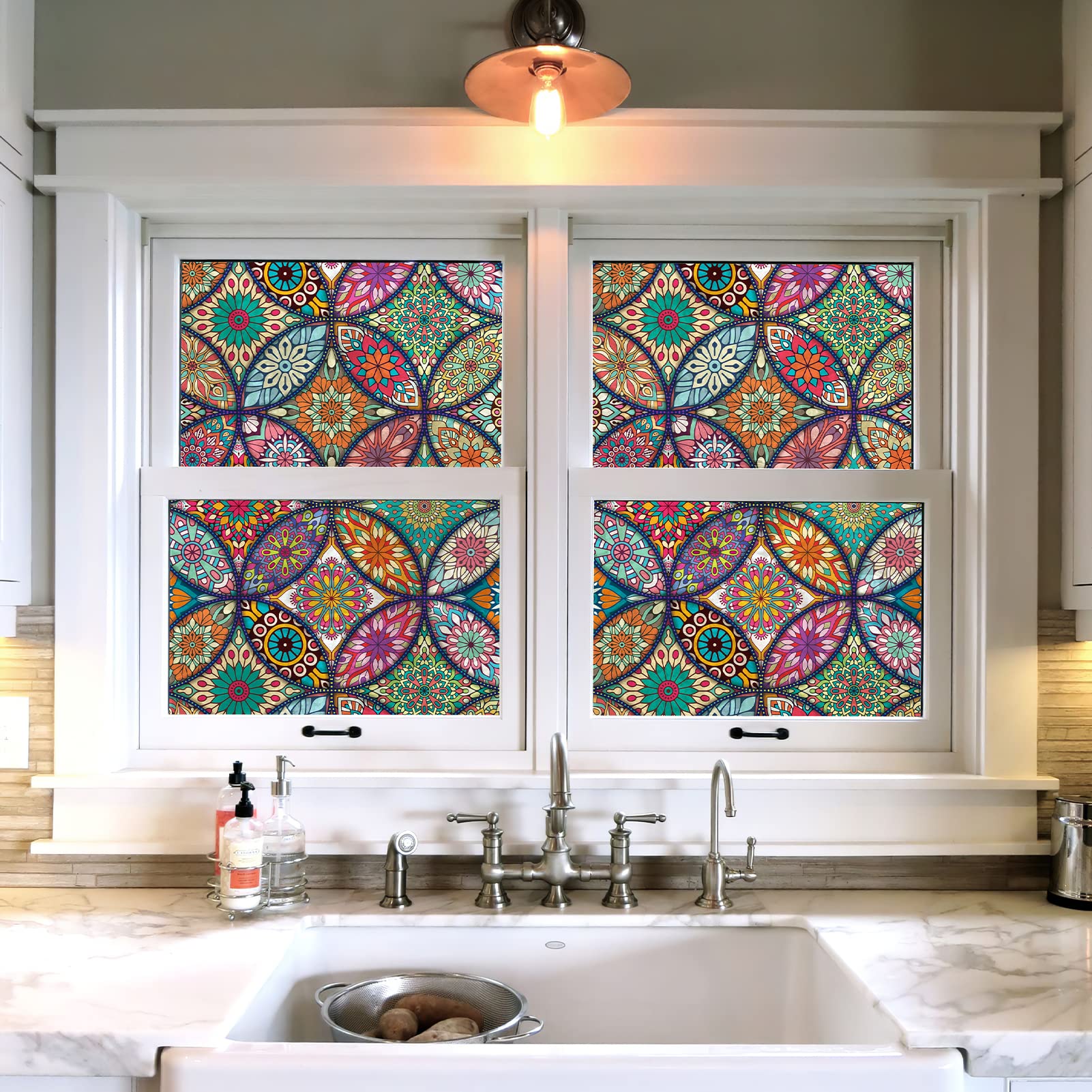 JiffDiff Window Privacy Film Frosted Glass Stain Stickers Boho Decorative Rainbow Non-Adhesive Static Cling Tinting for Home Bathroom 118.1''x17.3''