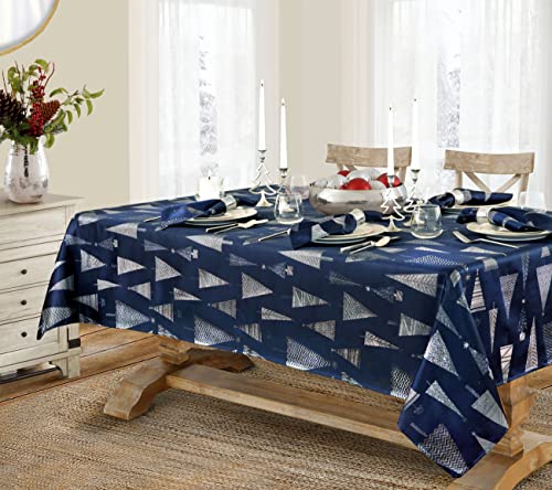 Newbridge Navy Blue and Silver Fancy Metallic Christmas Trees Fabric Holiday Tablecloth, Xmas Tree Contemporary Soil Resistant Easy Care Tablecloth, 60” x 84” Oblong/Rectangle Navy/Silver