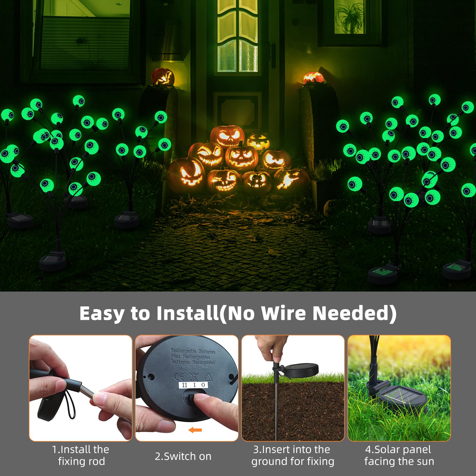 2PACKS 16LED Solar Scary Eyeball Lights Halloween Decor Outdoor, 28" Halloween Solar Powered Firefly Yard Lights Waterproof Outside Swaying Decorations for Garden/Lawn/Party, 2 Modes (Green)