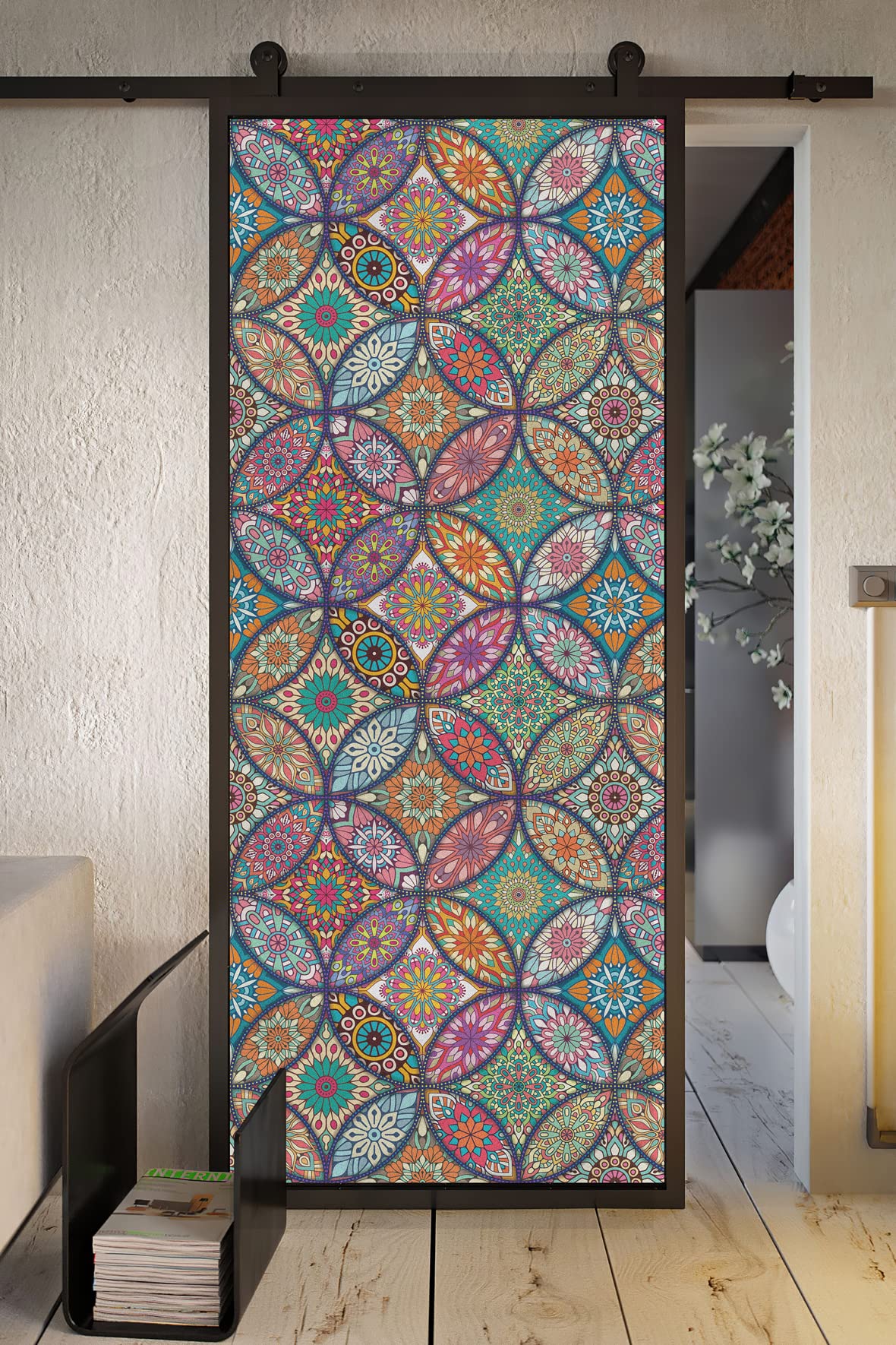 JiffDiff Window Privacy Film Frosted Glass Stain Stickers Boho Decorative Rainbow Non-Adhesive Static Cling Tinting for Home Bathroom 118.1''x17.3''