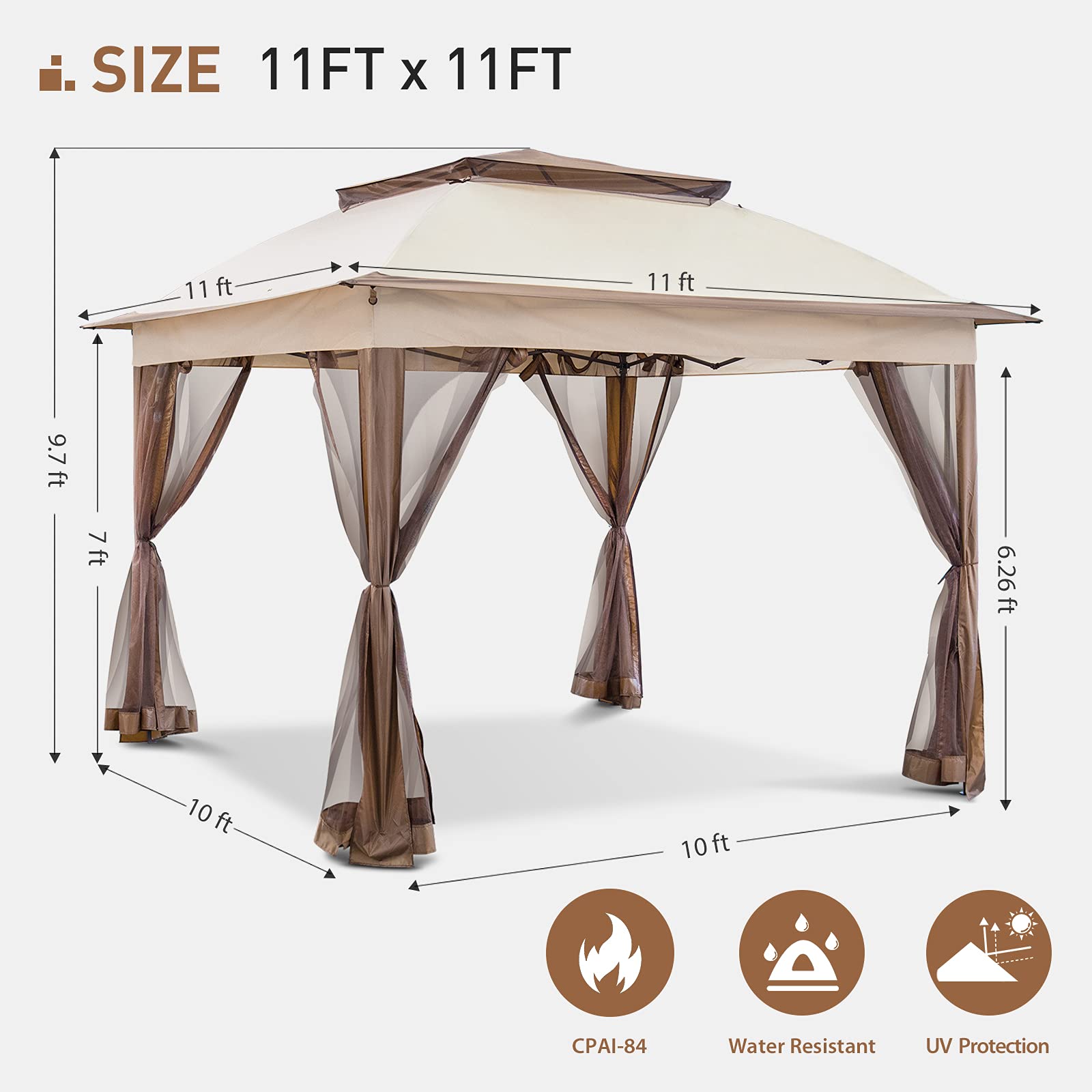 Joyside 11'x11' Pop Up Gazebo for Patio Gazebo Canopy Tent with Sidewalls Outdoor Gazebo with Mosquito Netting Pop Up Canopy Shelter Wedding Tent (Beige)