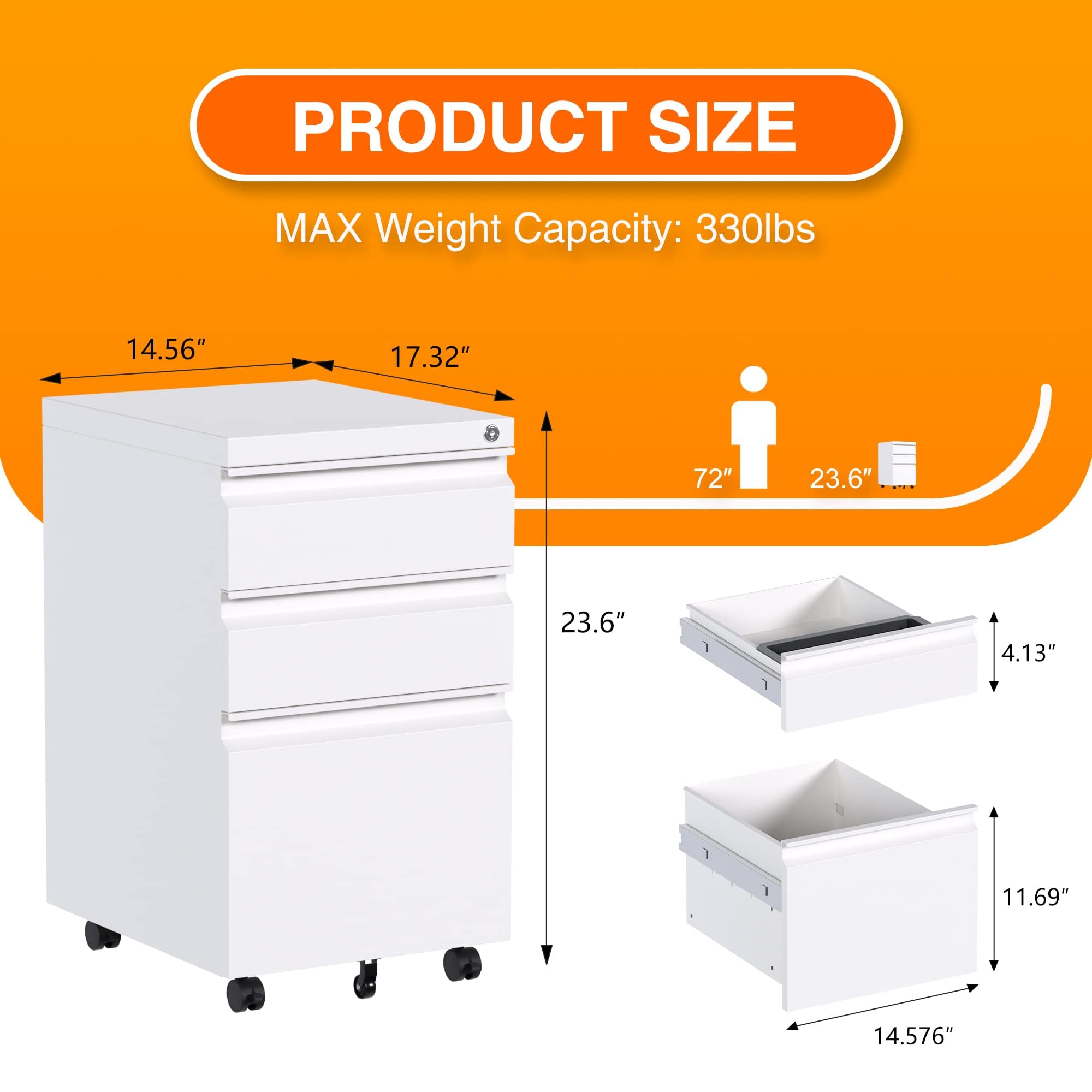 Aobabo Metal 3 Drawer Mobile File Cabinet with Lock, Under Desk Metal Filing Cabinet, 23.6''H A4/Legal/Letter Size Storage Cabinet, Fully Assembled