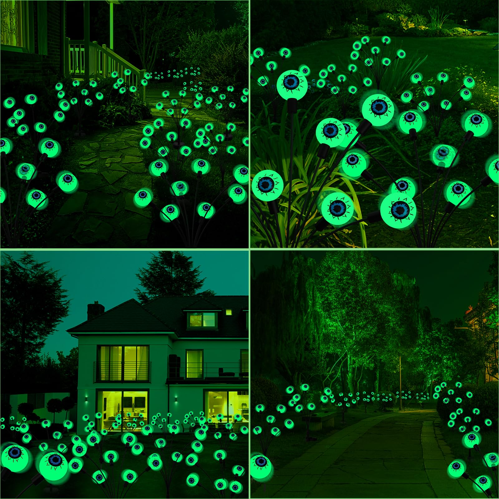 2PACKS 16LED Solar Scary Eyeball Lights Halloween Decor Outdoor, 28" Halloween Solar Powered Firefly Yard Lights Waterproof Outside Swaying Decorations for Garden/Lawn/Party, 2 Modes (Green)