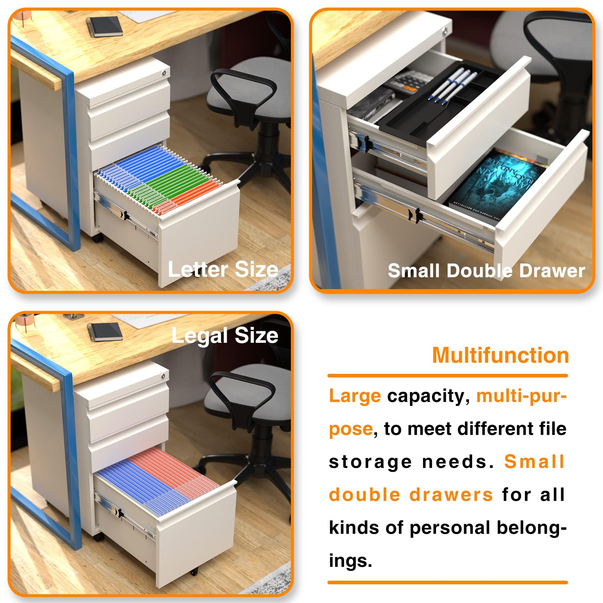 Aobabo Metal 3 Drawer Mobile File Cabinet with Lock, Under Desk Metal Filing Cabinet, 23.6''H A4/Legal/Letter Size Storage Cabinet, Fully Assembled