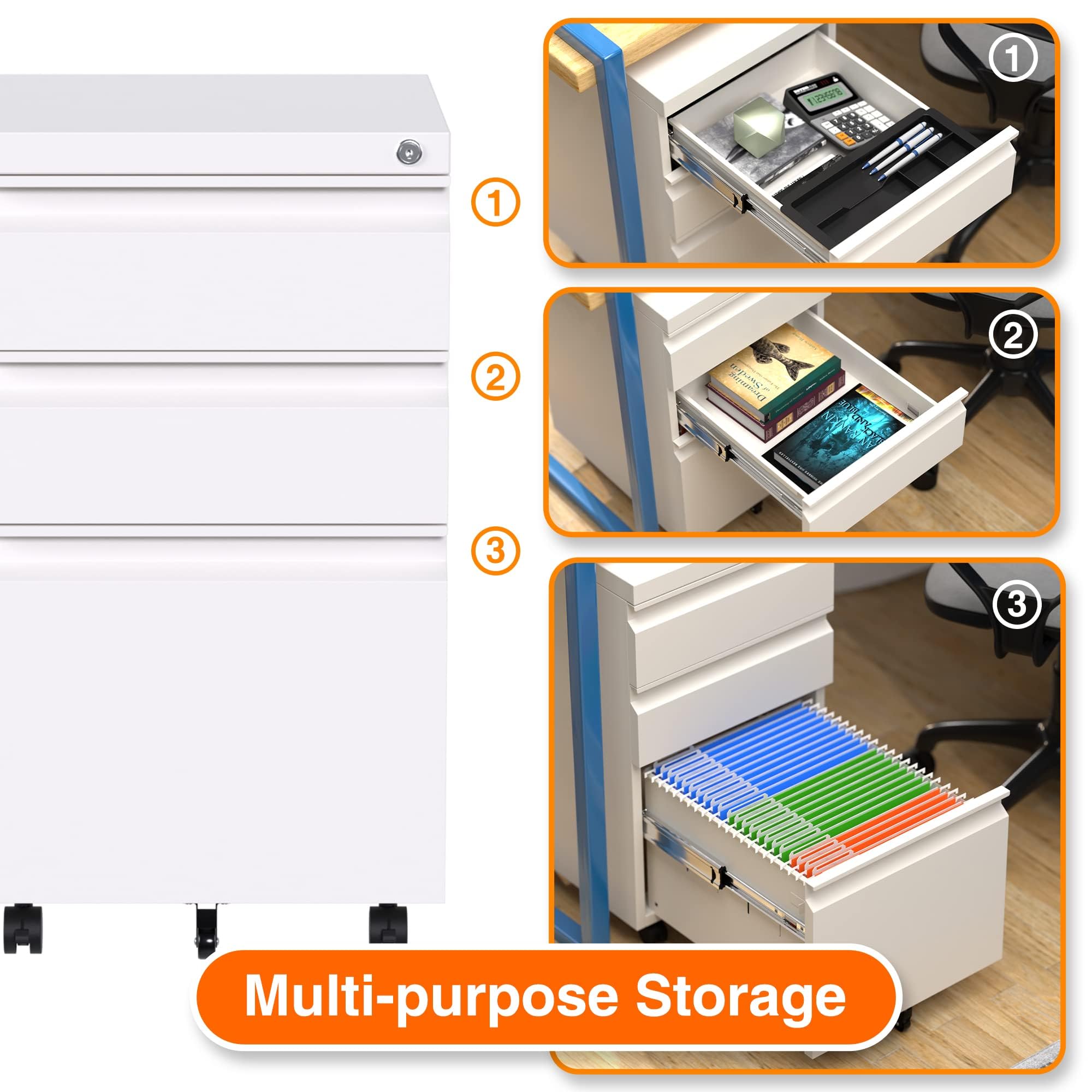 Aobabo Metal 3 Drawer Mobile File Cabinet with Lock, Under Desk Metal Filing Cabinet, 23.6''H A4/Legal/Letter Size Storage Cabinet, Fully Assembled
