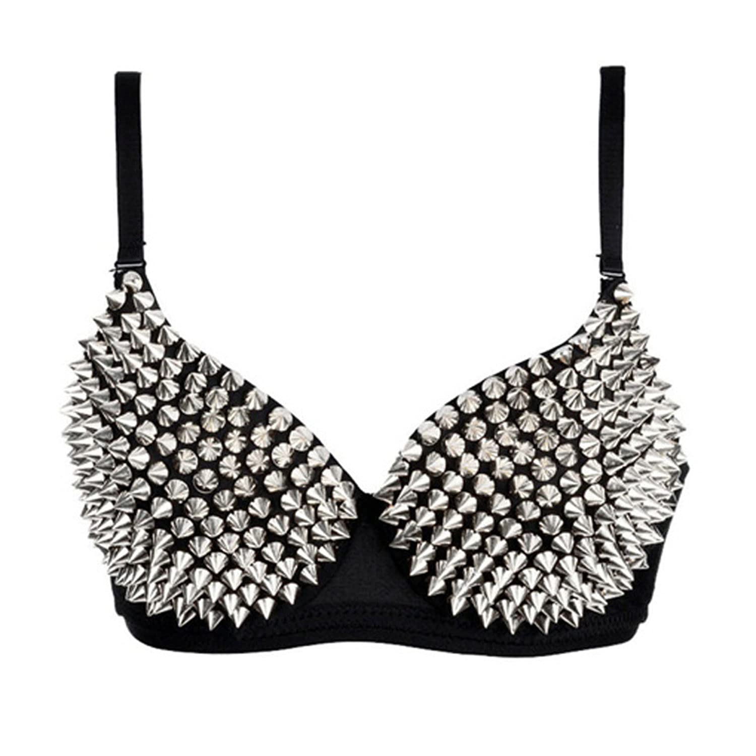 Women's Women'S Studded Rivets Bras Punk Push Up Tops Underwear For Party Club Sexy Gothic Metallic Bra Clubwear (Silver,Medium)