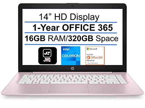 HP 2022 Newest Stream 14" HD Laptop, Intel Celeron N4000(up to 2.6GHz), 16GB RAM, 320GB Space(64GB eMMC+256GB Card), 1-Year Office 365, WiFi, HDMI, USB, Webcam, Bluetooth, Windows 10S, Pink+JVQ MP