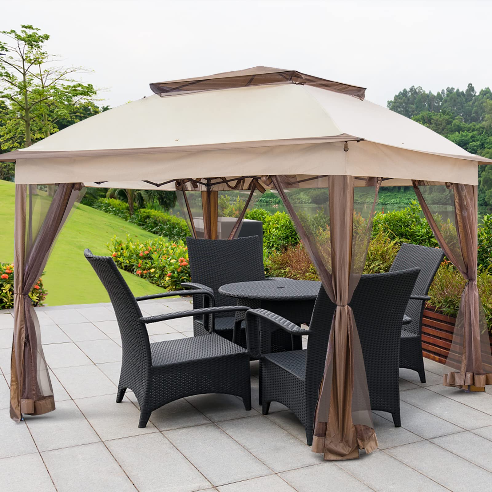 Joyside 11'x11' Pop Up Gazebo for Patio Gazebo Canopy Tent with Sidewalls Outdoor Gazebo with Mosquito Netting Pop Up Canopy Shelter Wedding Tent (Beige)