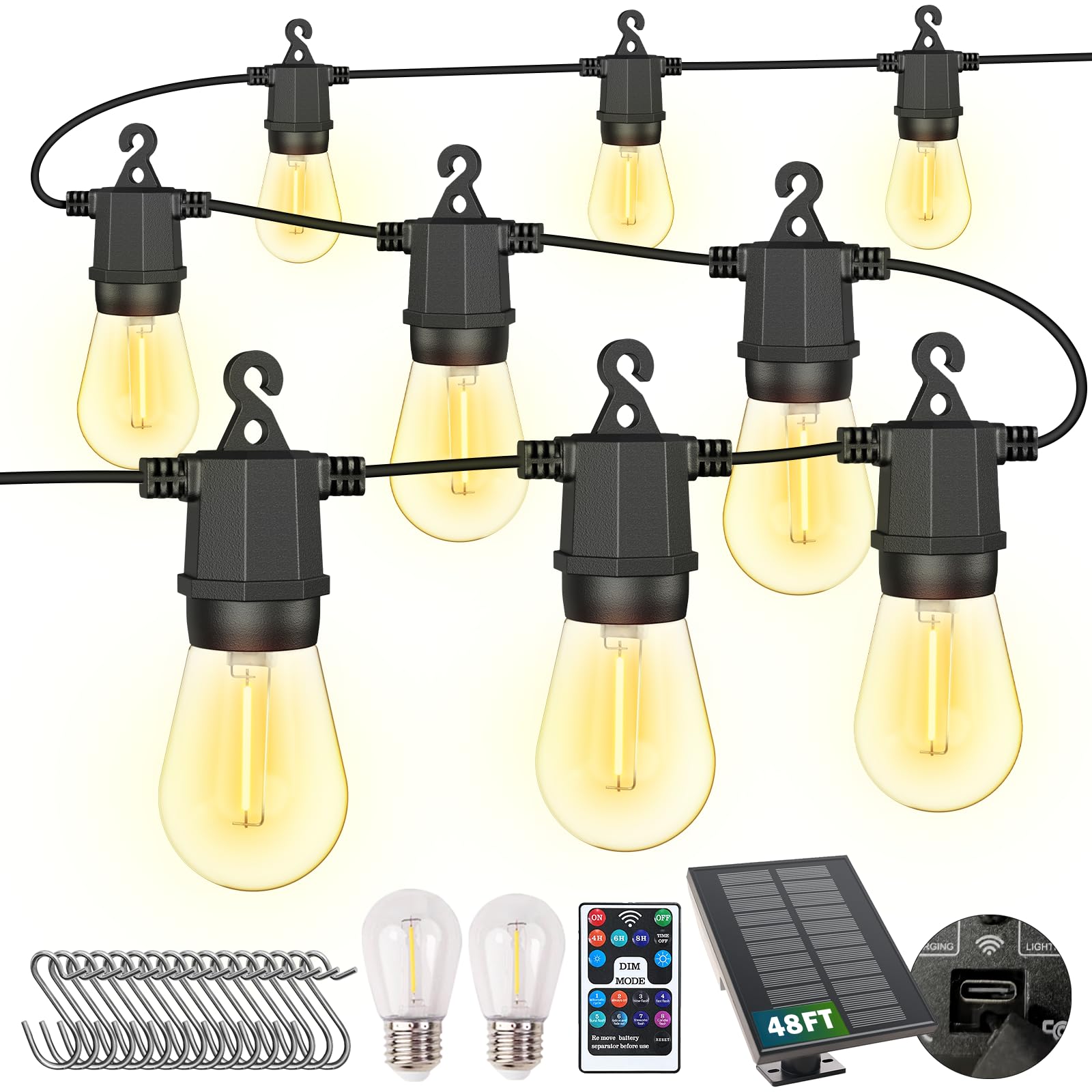 CIIC Solar Outdoor String Lights, 46FT LED Patio Lights Powered for Outside IP65 Waterproof, Hanging with 8 Modes 16+2 Shatterproof Bulbs Hallowmas Party-3000K Warm White (TYNDC-001)