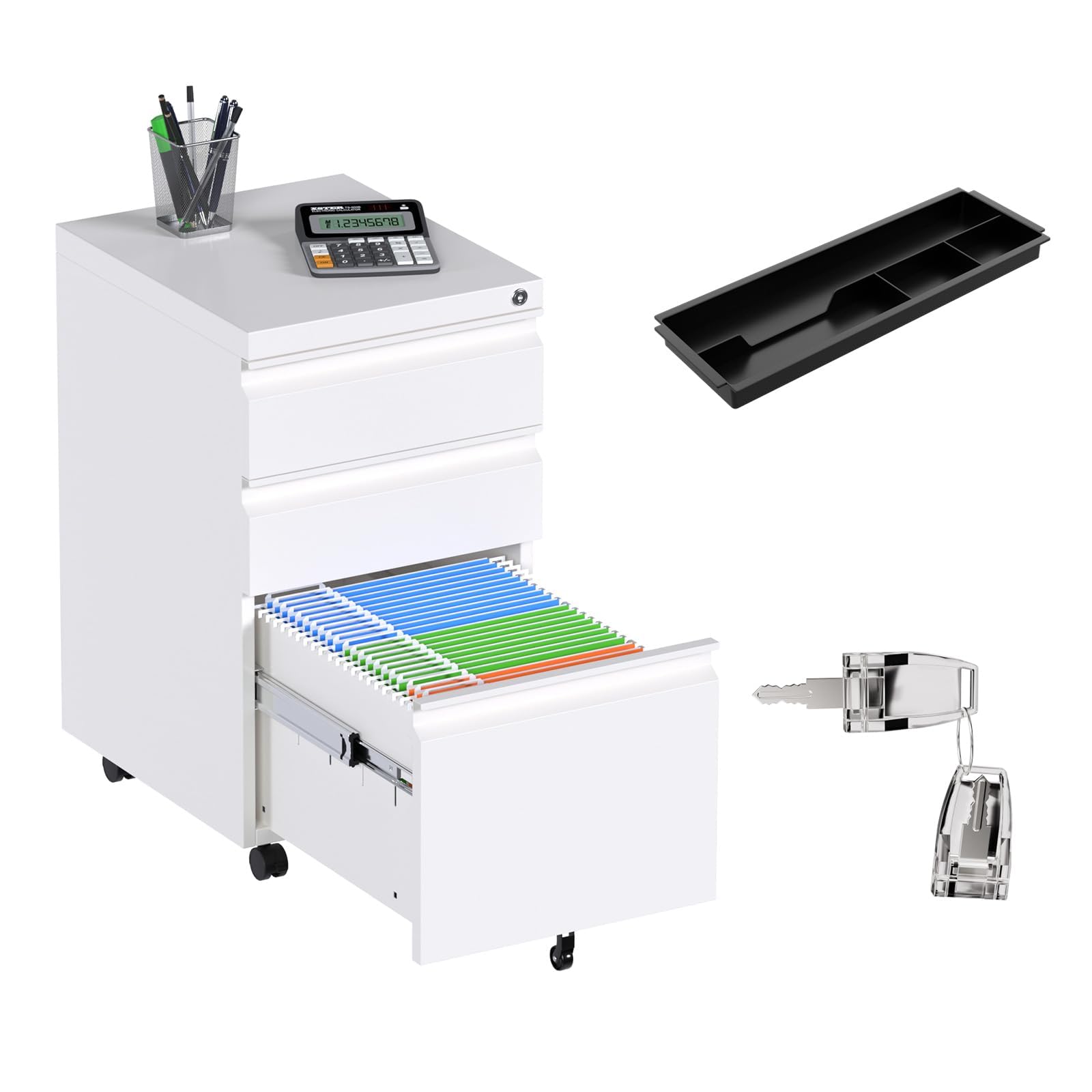 Aobabo Metal 3 Drawer Mobile File Cabinet with Lock, Under Desk Metal Filing Cabinet, 23.6''H A4/Legal/Letter Size Storage Cabinet, Fully Assembled