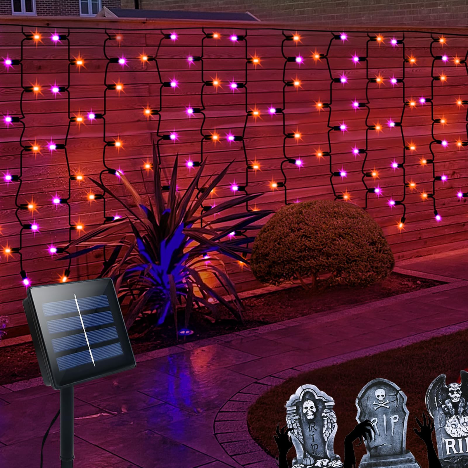 Purple Orange Solar Halloween Curtain Lights Outdoor 300 LED 19.6ft(L)x3.3ft(H) Vertically Extra Length Lights Curtain 8 Versatile Modes Waterproof for Halloween Holiday Decoration Fence Yard Garden