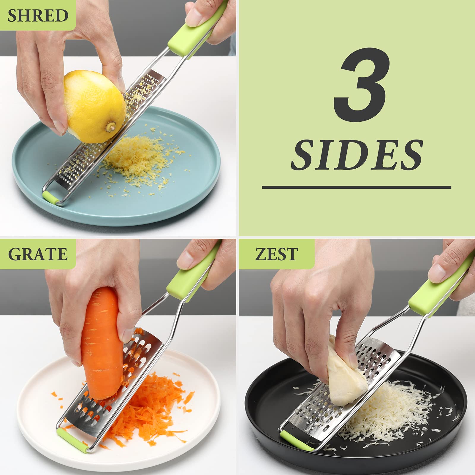 Cambom Lemon Zester Grater Three-piece Suit - Heavy Duty Kitchen Tool for Parmesan Cheese, Ginger, Garlic, Nutmeg, Chocolate, Vegetables,Fruits,Stainless Steel Grater Dishwasher Safe Green